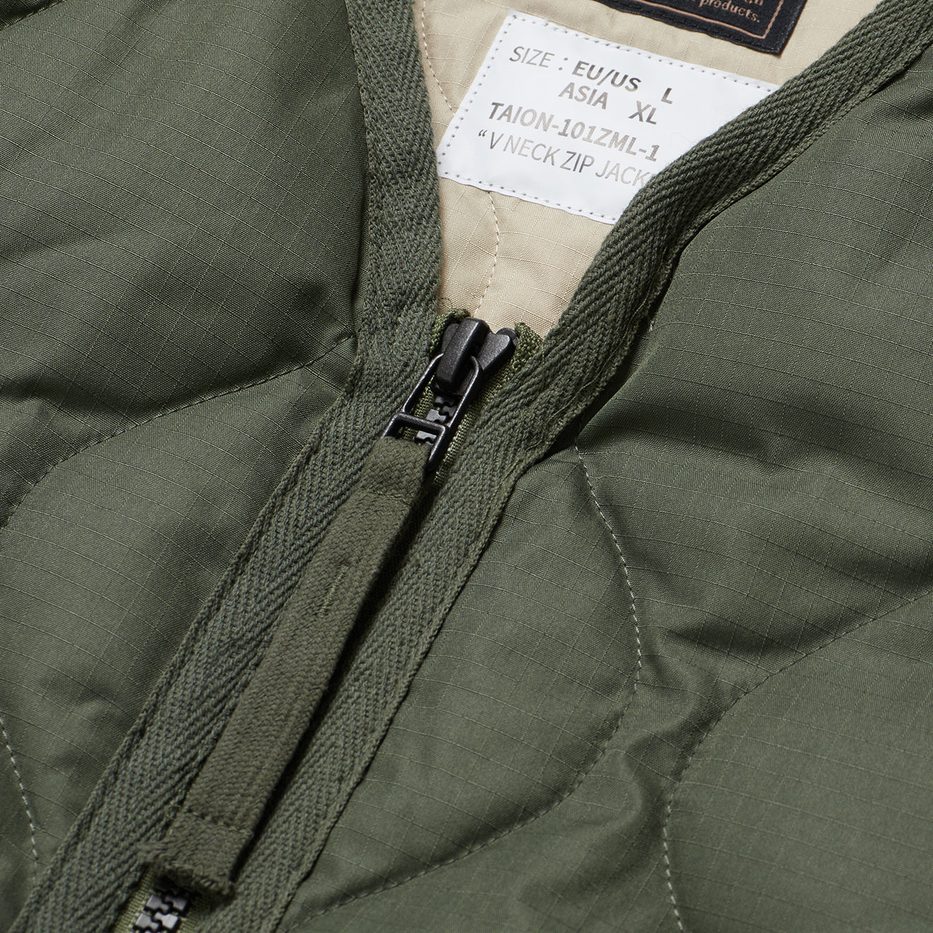 Taion Military Zip V Neck Down Jacket Olive - Menswear | Shop name ...