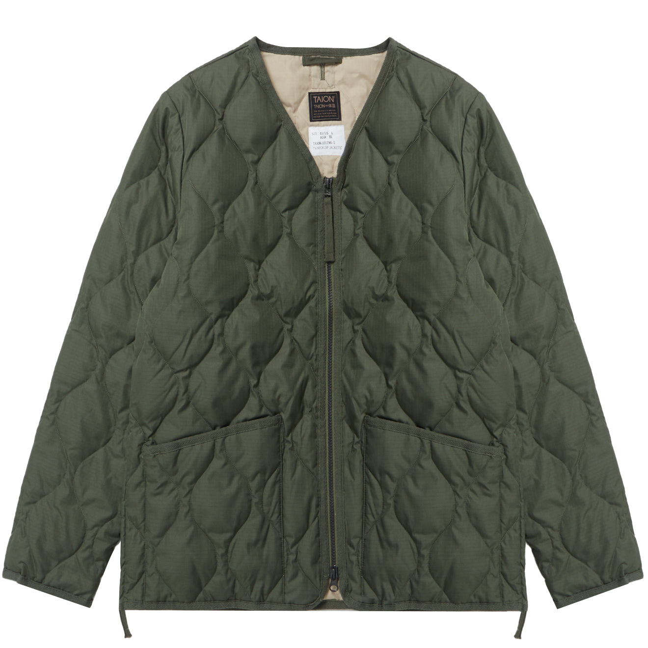 Taion Military Zip V Neck Down Jacket Olive | Yards Store